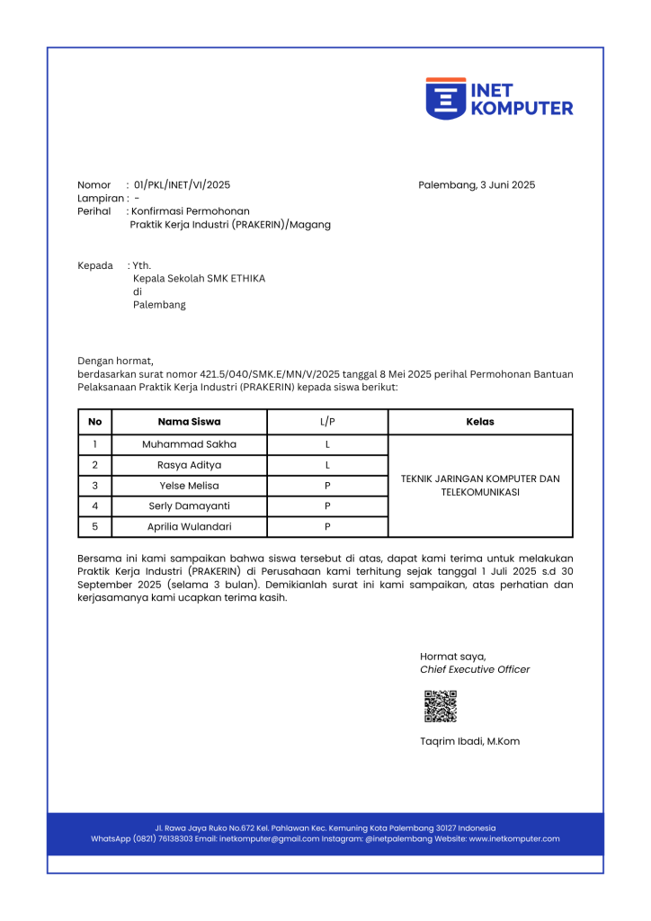 Permohonan Siswa Magang ETHIKA | INET Komputer